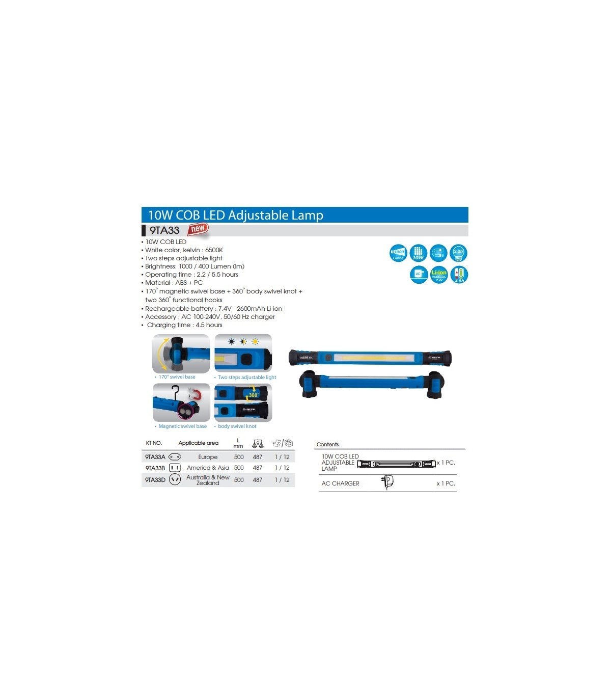 King Tony 9TA33A 10W COB LED Adjustable Lamp