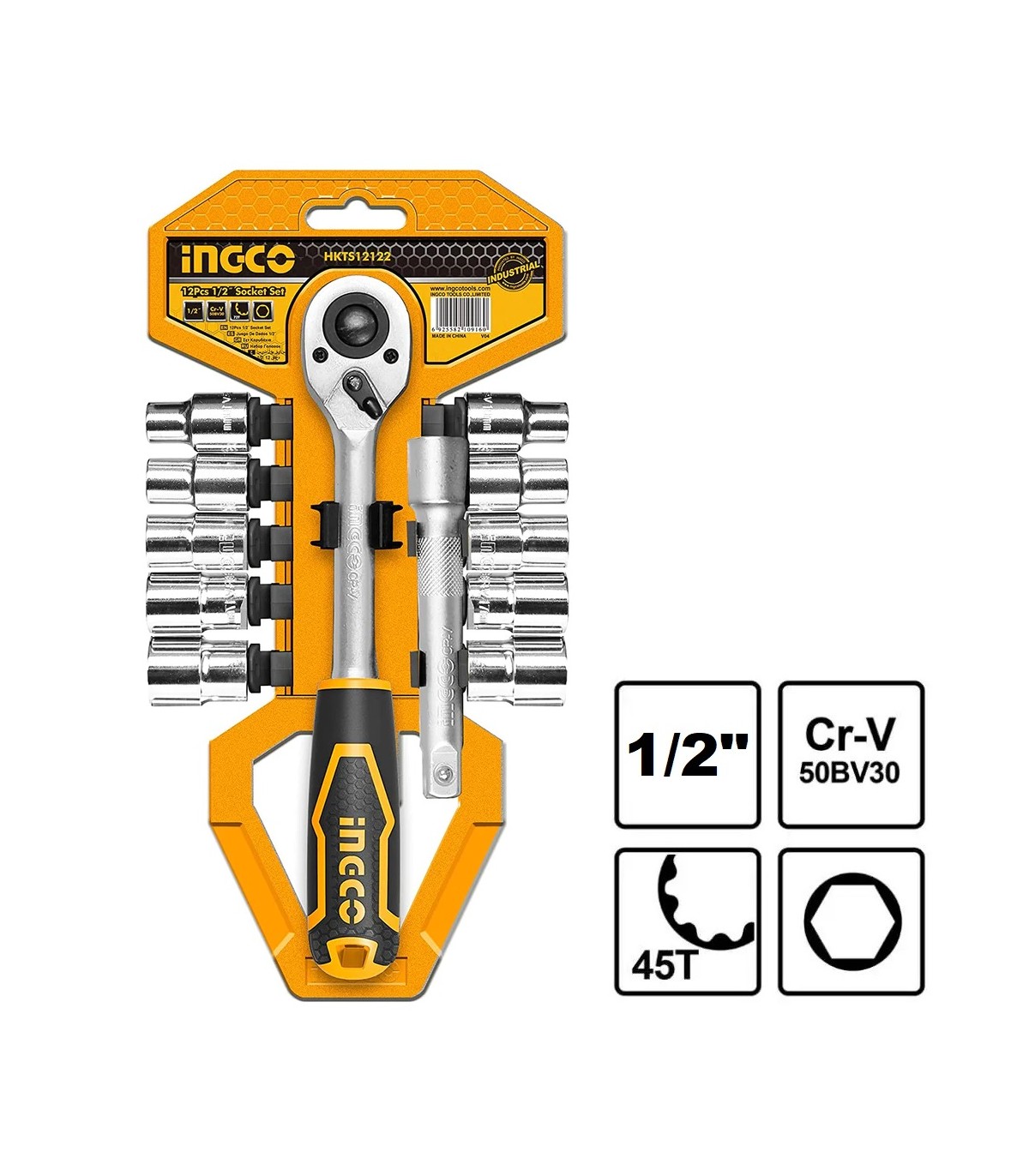 Ingco HKTS12122 12 Pieces 1/2" Square Drive 6 Pt Ratchet Socket Set ...