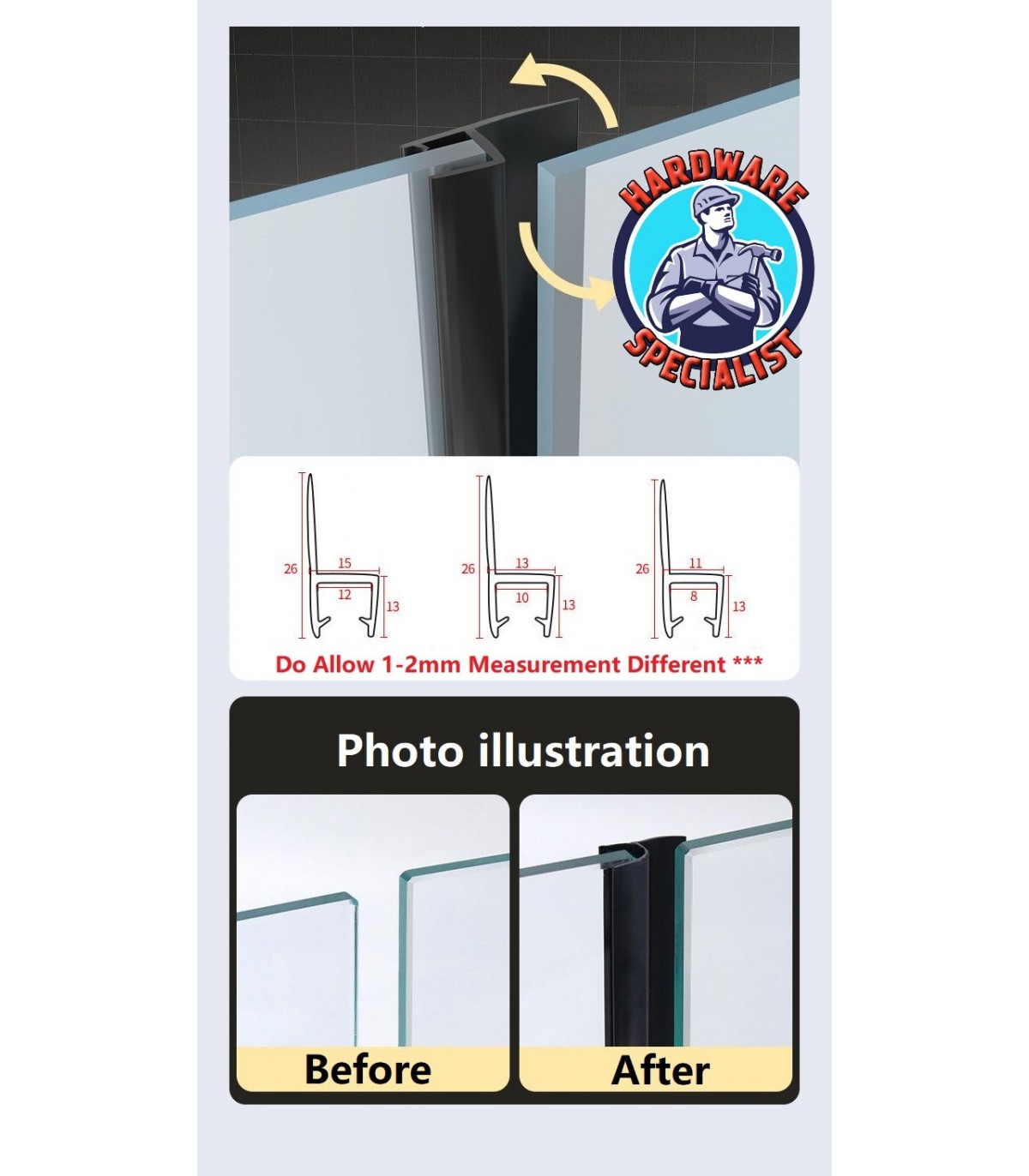 Hardware Specialist Bathroom H Shape Black Glass Door Seal - Hardware ...