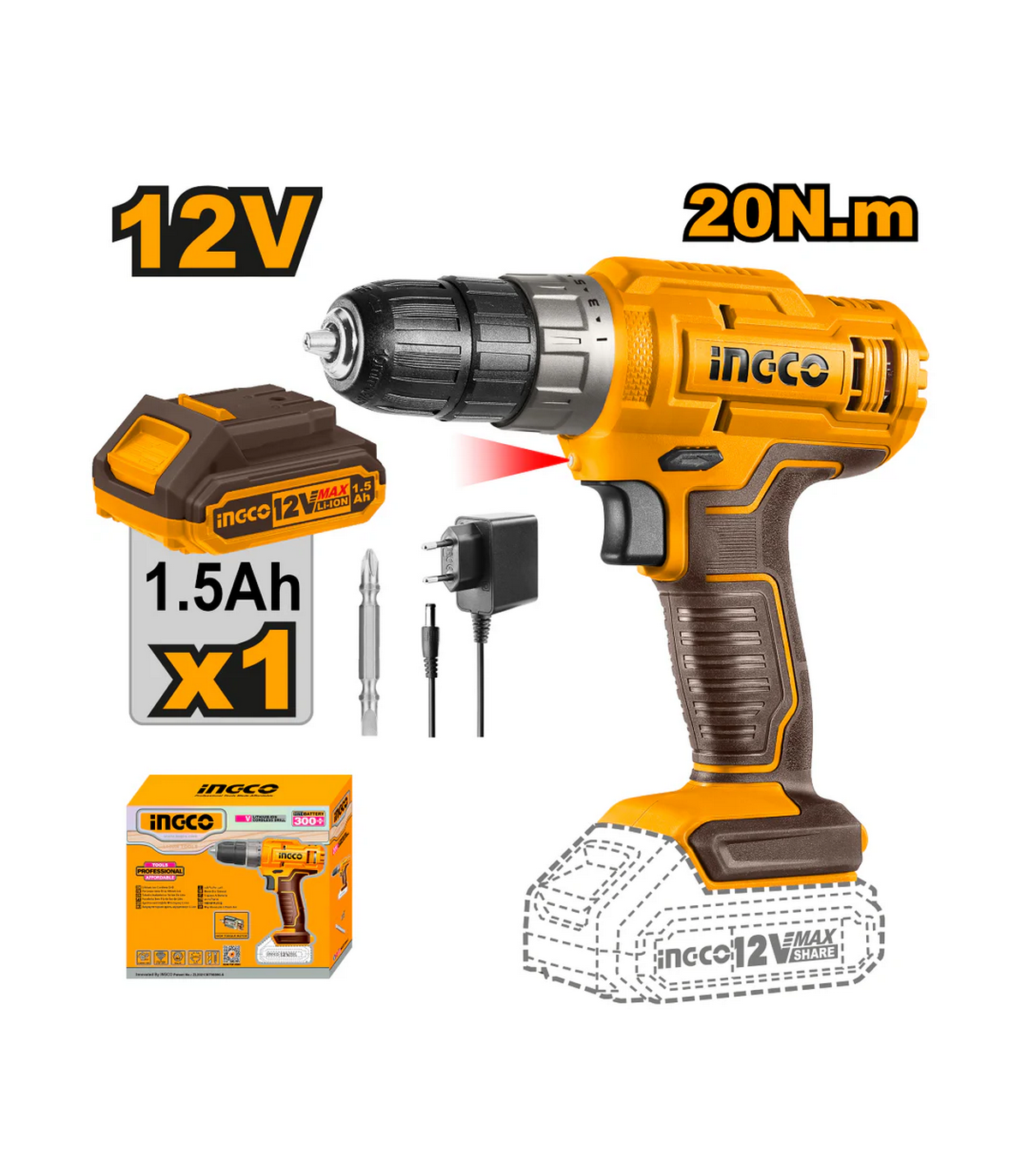 Ingco CDLI1218 12V Lithium-Ion 1.5Ah 20Nm Cordless Drill Set -hardware ...
