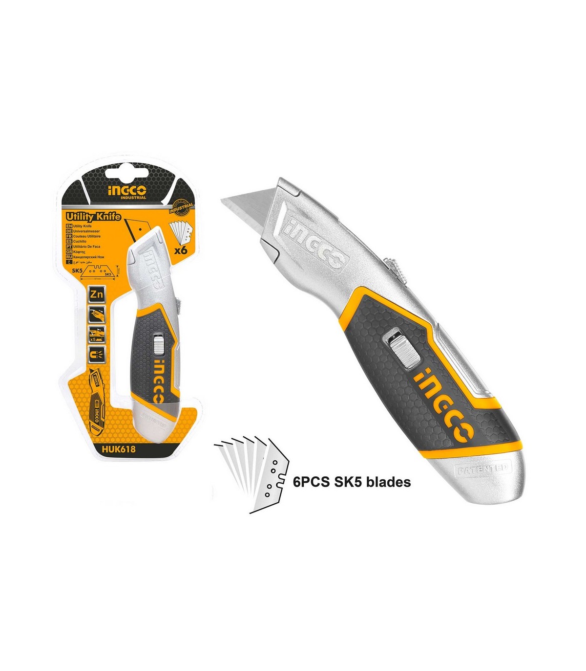 Ingco HUK618 6 Pcs SK5 Blades HD Grip Retractable Utility Knife